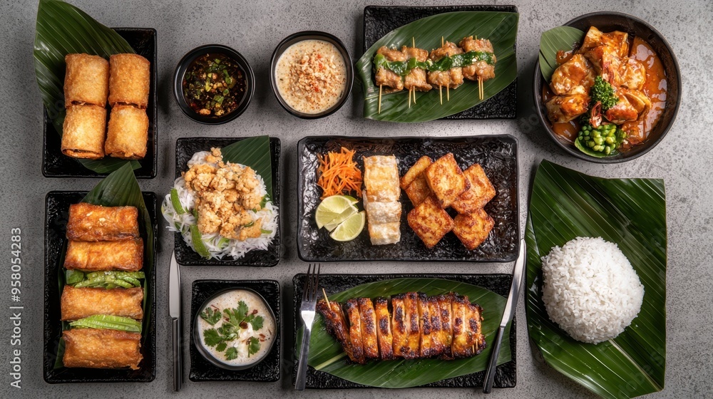 Deliciously arranged Thai food, with knives and forks placed to the ...