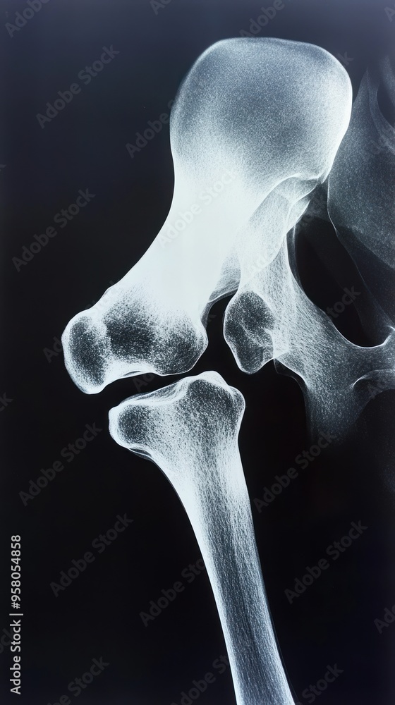 Close-up X-ray image of a human knee joint showing the femur, tibia and ...