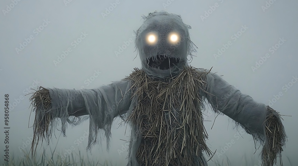 A detailed photo of a creepy scarecrow with glowing eyes standing in a ...