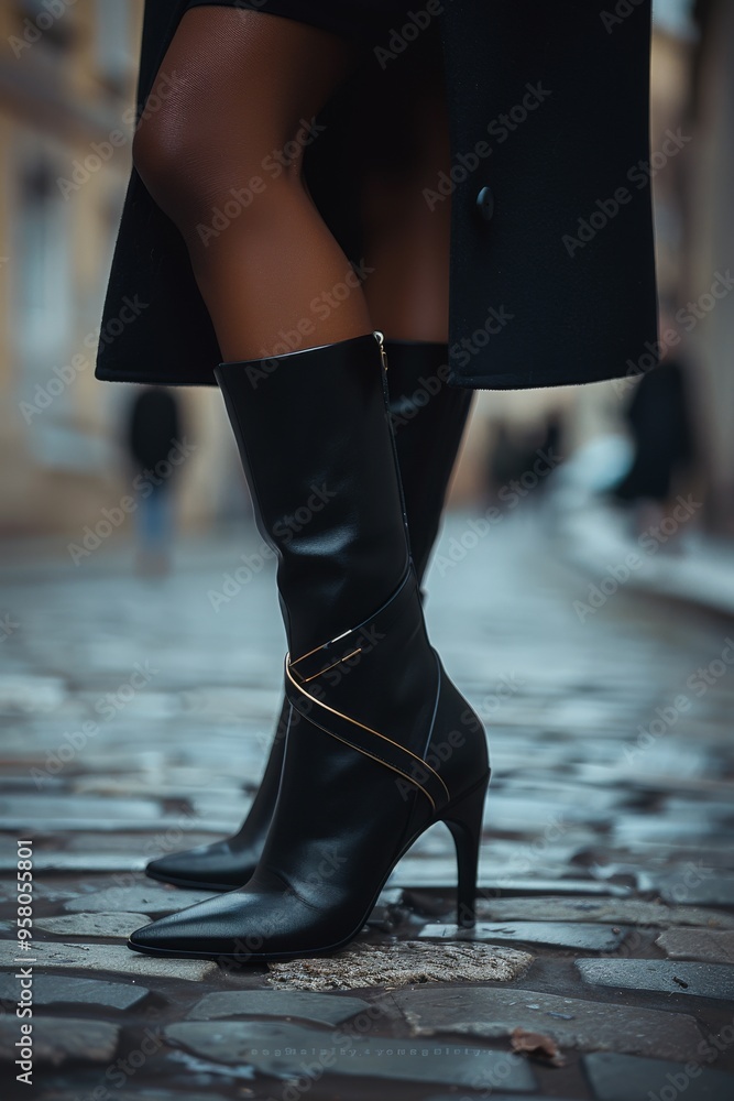 A close-up of a striking black leather boot featuring golden accents ...