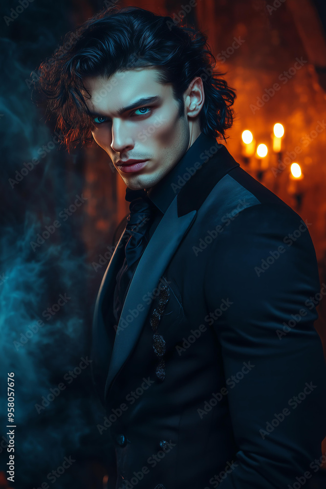 handsome brutal possessive male vampire with black hair and blue eyes ...