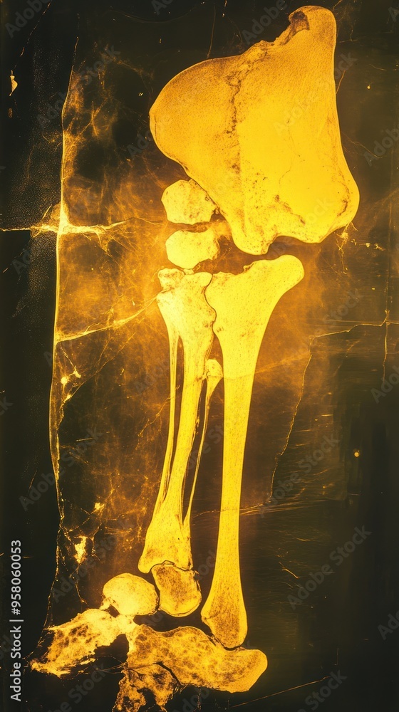 A close-up X-ray image of a human leg, showing the femur, tibia, and ...