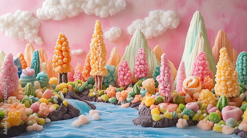 18. A fairytale candy landscape with rock candy mountains, a flowing ...