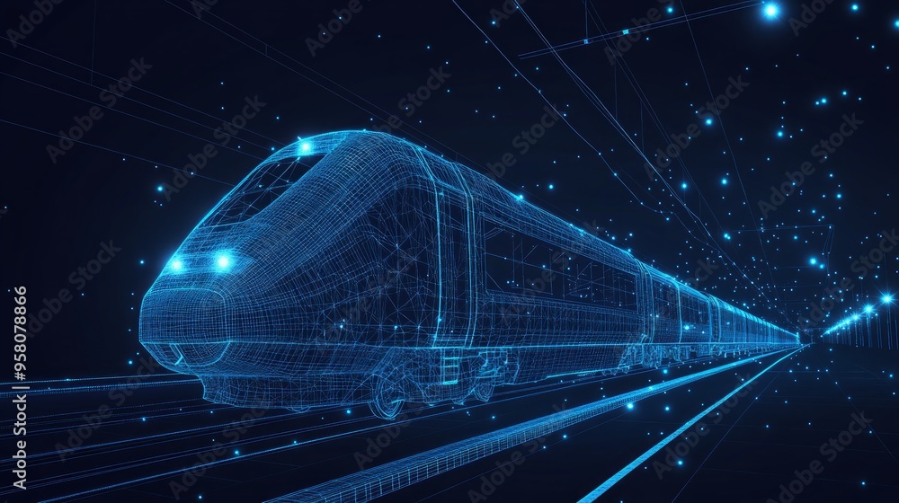 Abstract polygonal 3d wireframe of modern train at railway station or ...