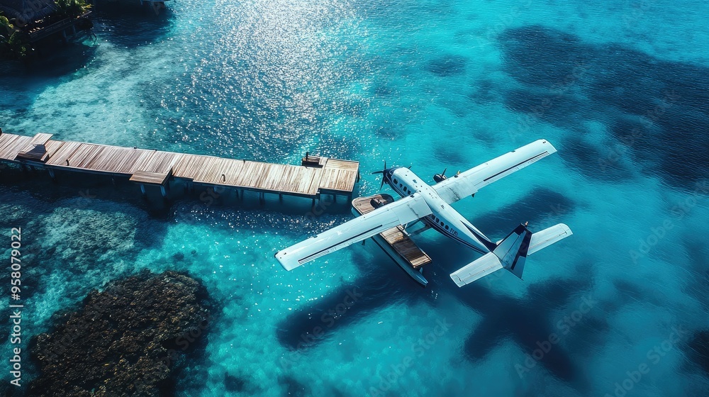Bird's eye view of Maldives seaplane dock, with wooden platforms ...