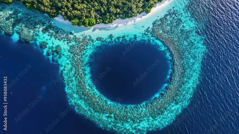 Top view of a circular coral reef in the Maldives, creating a natural ...