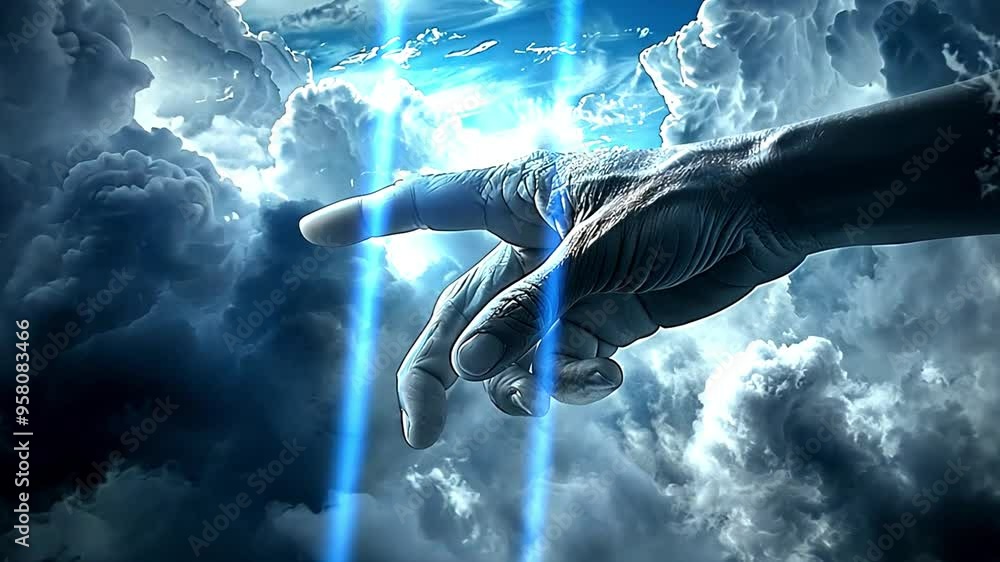 God hand pointing in heaven clouds. Jesus Christ with open arms ...