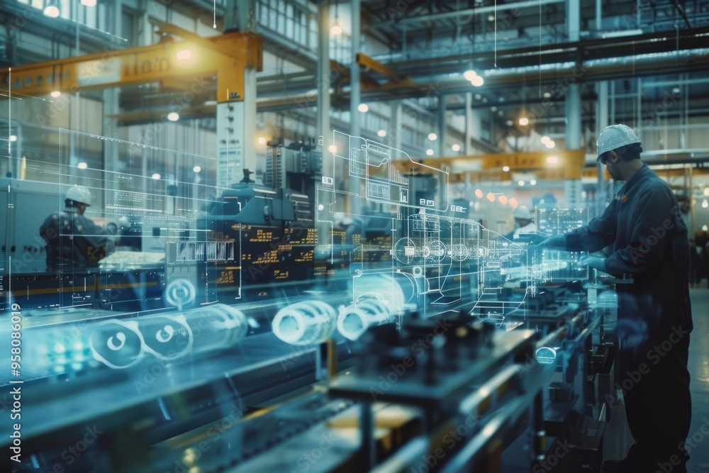 Industrial worker engaging with advanced technology on a factory ...