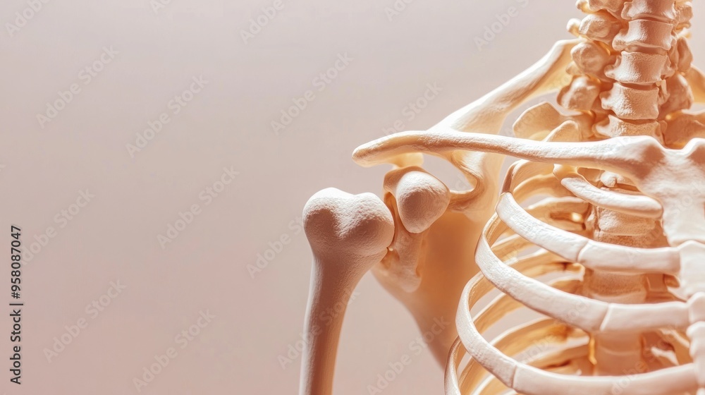 Close-up of a human skeleton's shoulder joint, showing the humerus ...