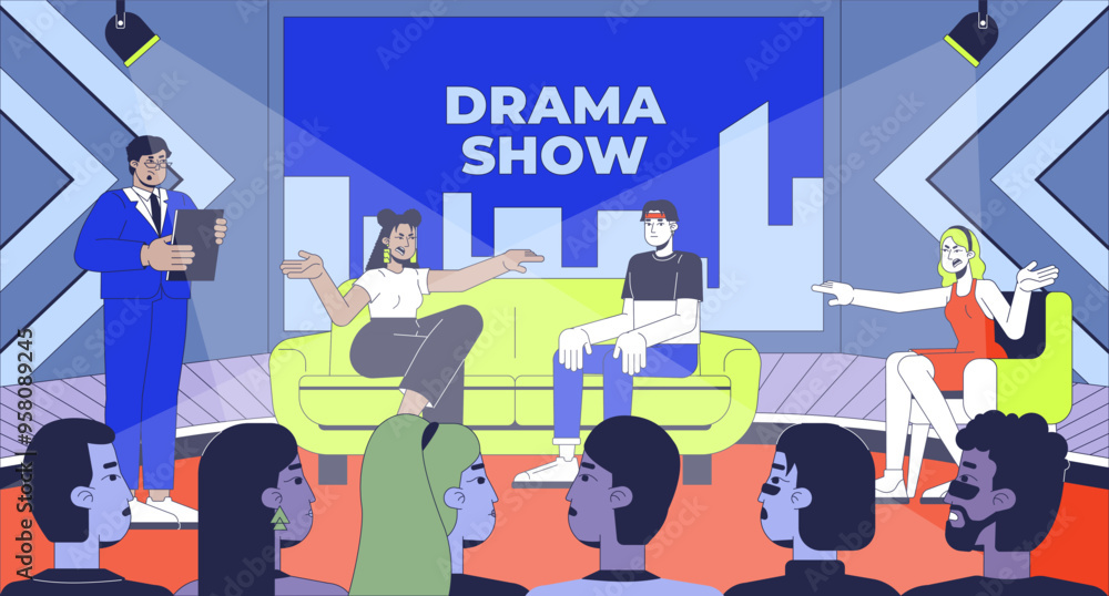 Social issue TV show flat illustration. Human drama reality television ...