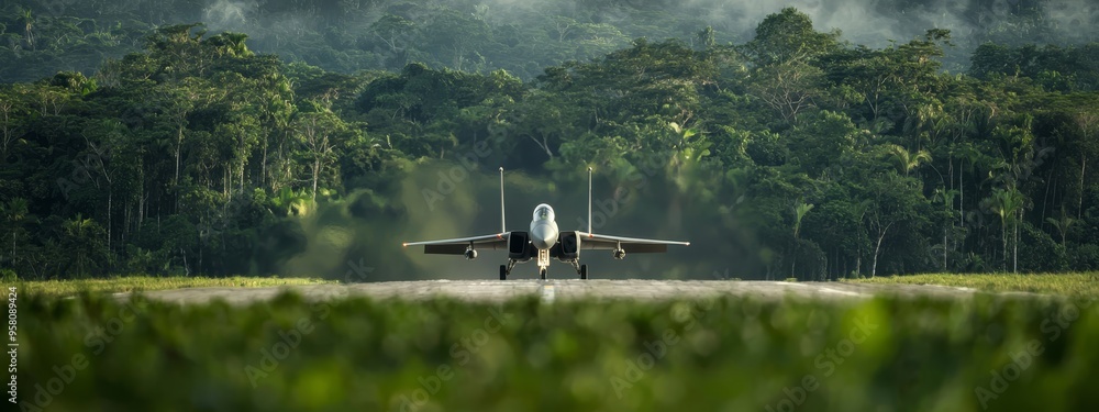 A fighter jet taking off from a runway amidst a forested area, with ...