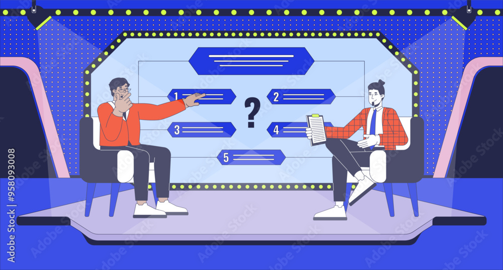 Quiz show on TV flat illustration. Host suggesting multiple choice ...