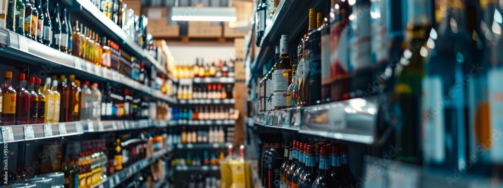 Liquor store aisle with shelves full of various alcoholic beverages ...