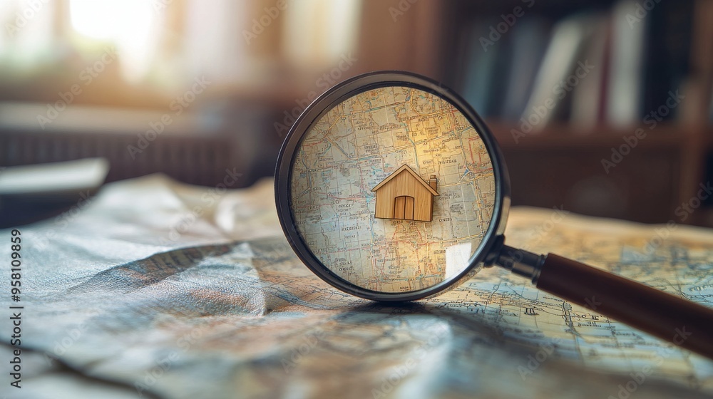 The magnifying glass reveals a classic Victorian house on an old ...