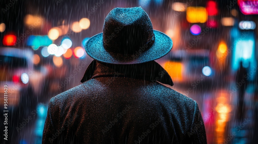 Detection of a retro comic book detective in trench coat, a mysterious ...