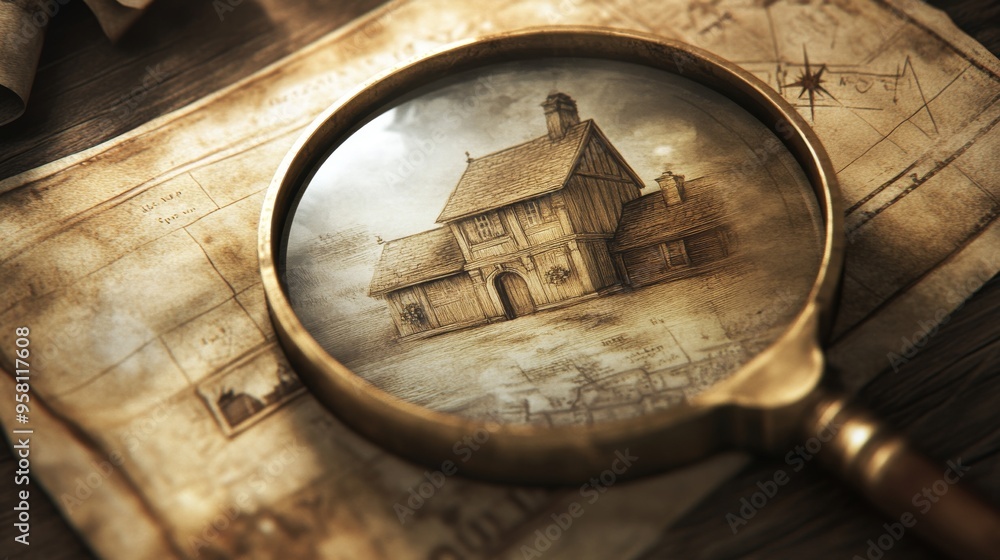 An old-fashioned map reveals a classic Victorian house, symbolizing the ...