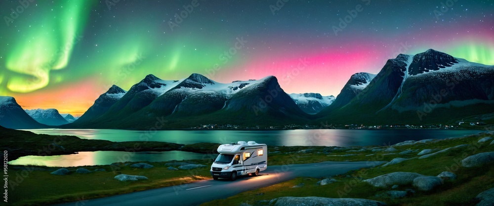 starry night sky in Norway, with a green glow beginning to illuminate ...