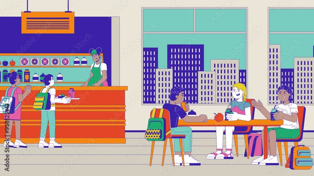 School cafeteria with kids cartoon animation. Canteen lunchroom ...