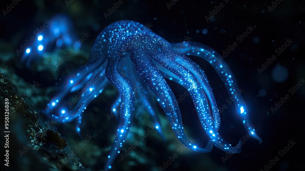 Bioluminescent squid tentacles emerging from the deep ocean, showcasing the natural wonder and ...