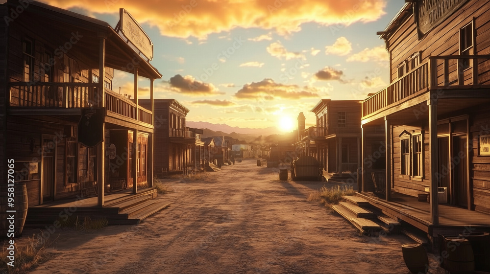 Sunset view of an old western town street with wooden buildings. A ...
