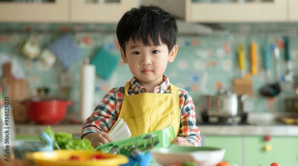 Child engaging in kitchen cleanup, fostering responsibility and ...