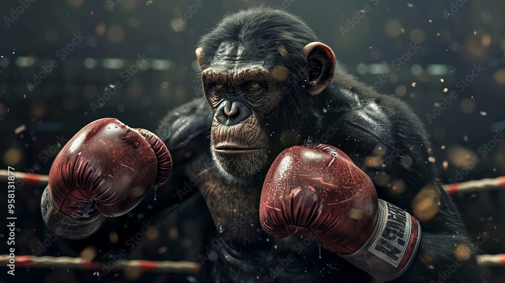 Powerful Chimpanzee Boxer With Red Gloves In The Ring, Showcasing ...