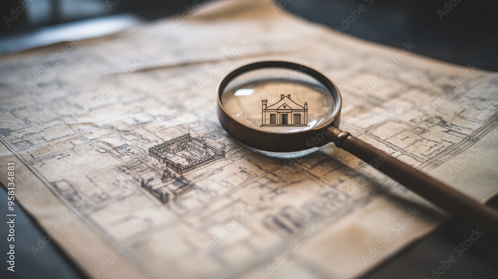The magnifying glass reveals a classic Victorian house on an old ...