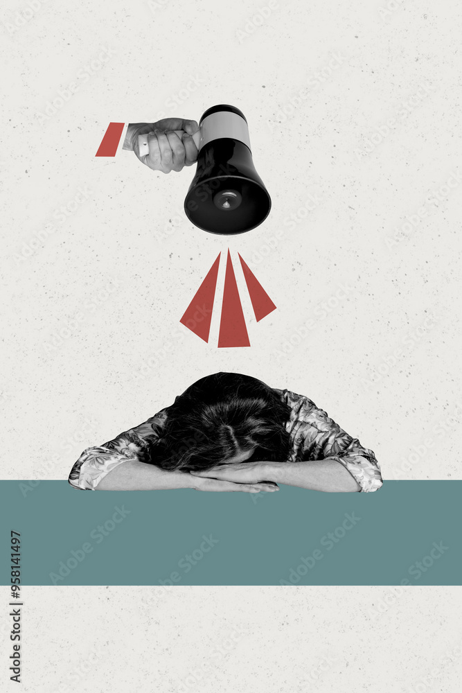 Vertical poster collage young businesswoman apathy sad upset depression ...