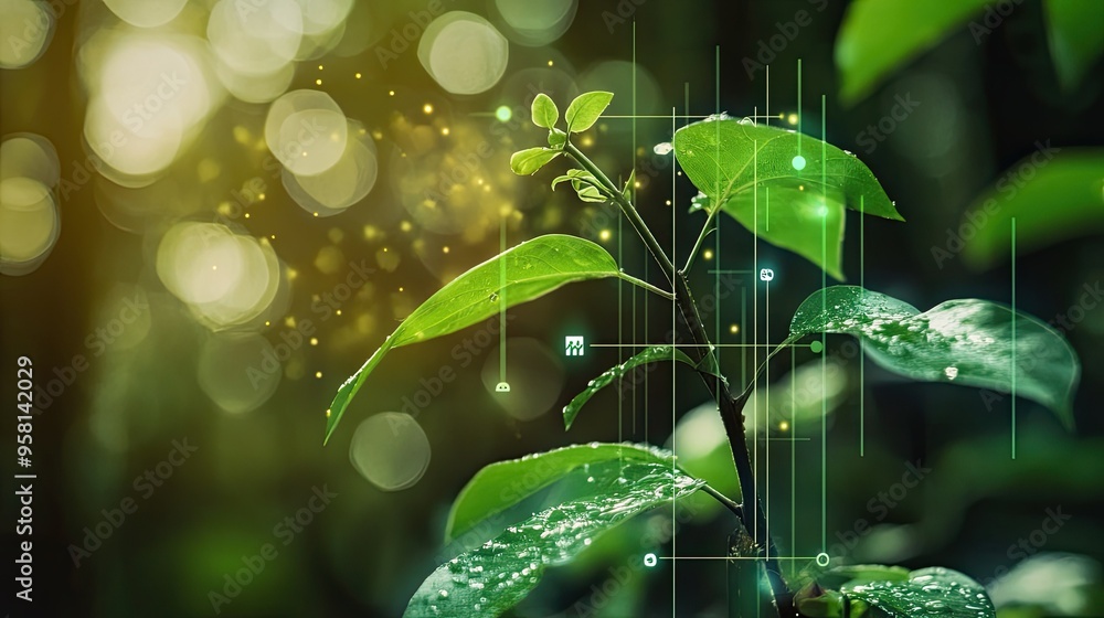 Growing plant with an overlaid graph showing growth metrics ...