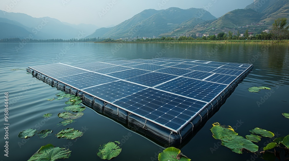 Solar panels on a floating platform, generating energy on a lake or ...
