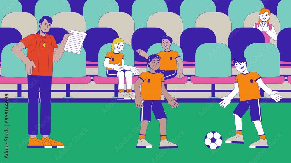Stadium football coach children practicing cartoon animation. Sport ...