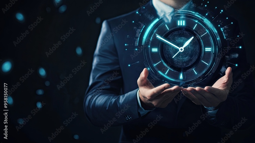 Businessman Holding a Digital Clock, Holographic Productivity Tools ...