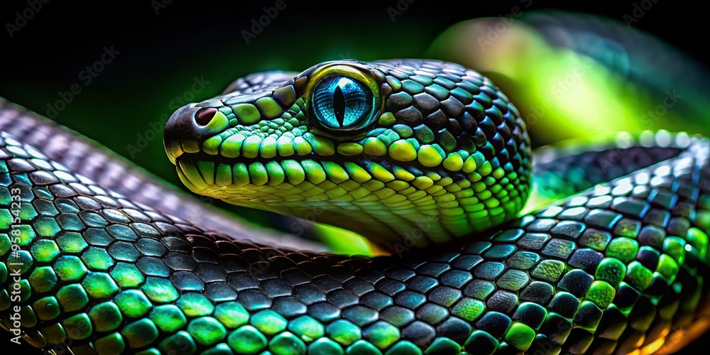 The luminous black green snake mesmerizes with its mirrored scales ...