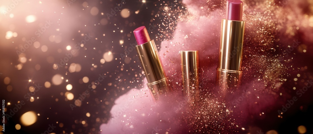 Dramatic 3D eruption of makeup products in a cinematic ad, with ...