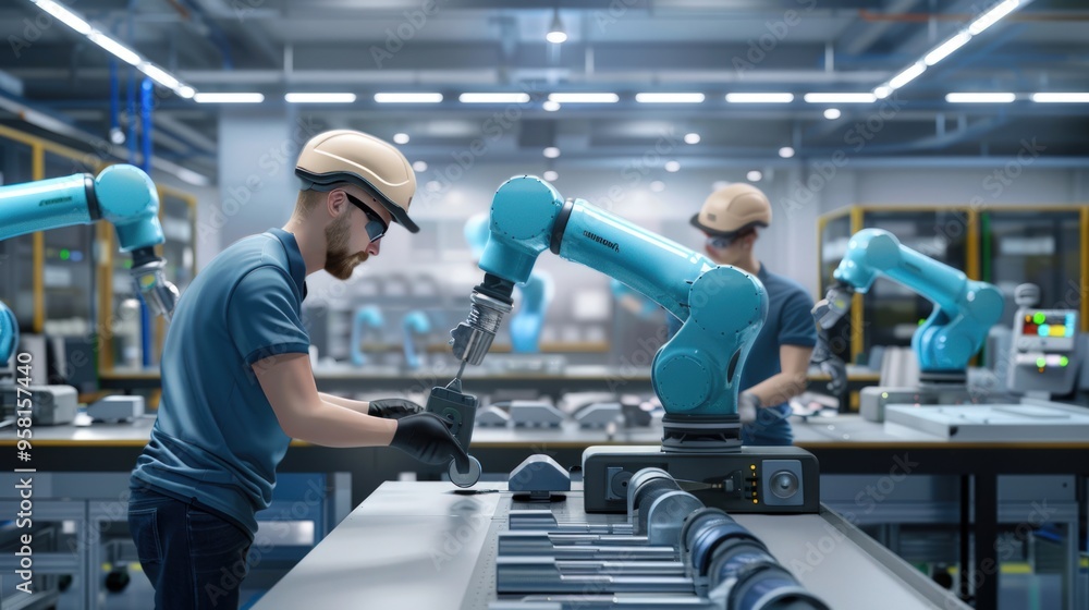 Operators control robotic arms on assembly lines. Background for ...