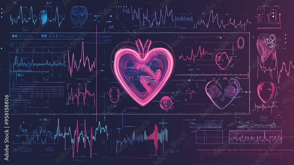 A detailed diagram of a heart monitor displaying various heart rhythms ...