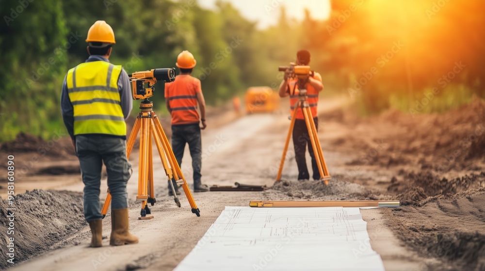 Survey engineer team working with theodolite and road construction ...