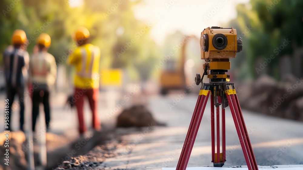 Survey engineer team working with theodolite and road construction ...