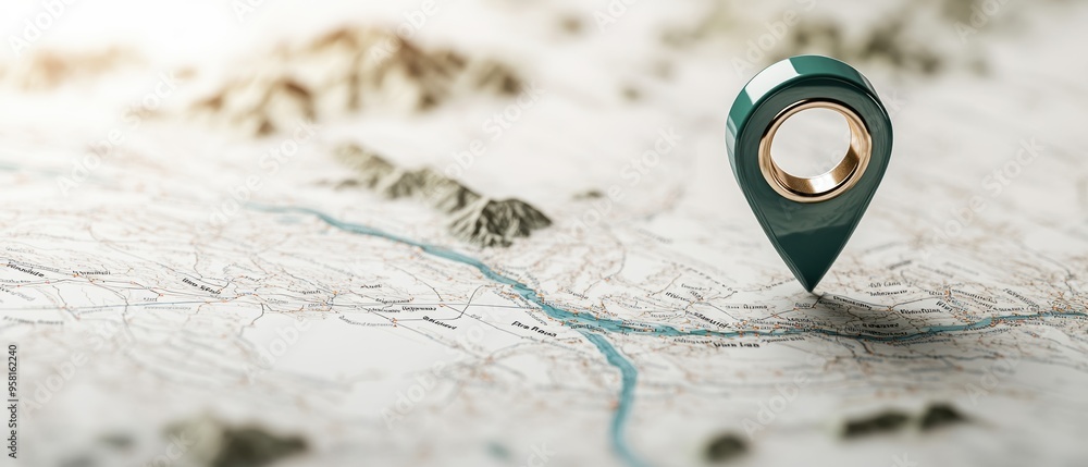 3D map marker on a physical map, pointing to a major travel route, with ...