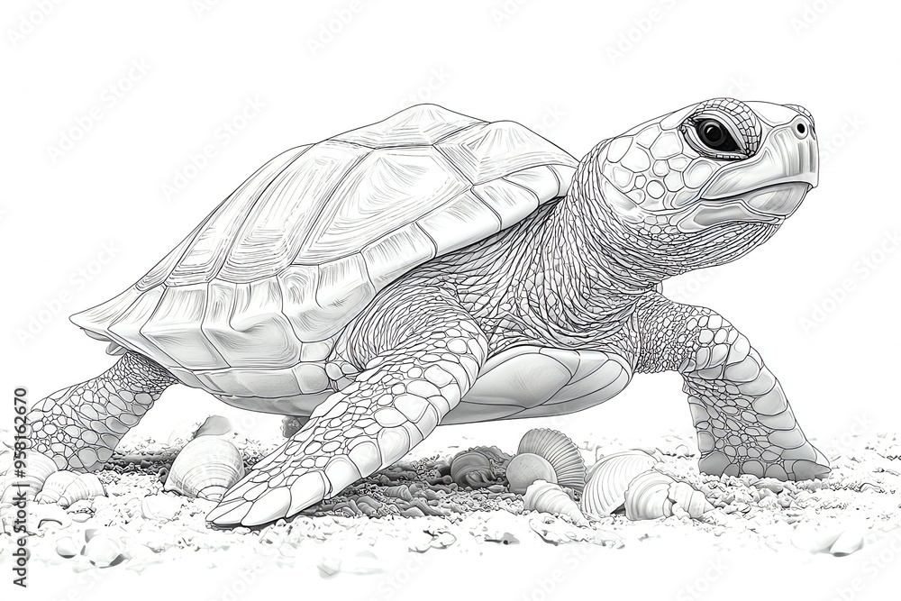 Coloring Book Page with a Turtle, Featuring Playful Design and Engaging ...