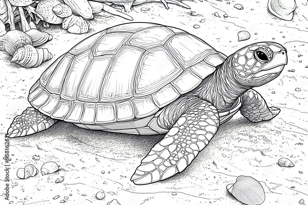 Coloring Book Page with a Turtle, Featuring Playful Design and Engaging ...