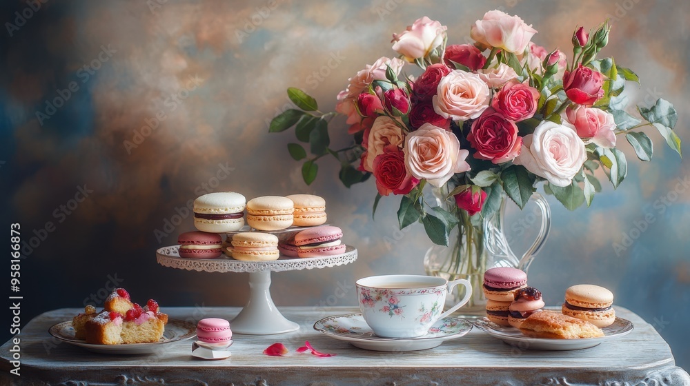 Afternoon tea with British afternoon tea with macaroons and scone,cake ...