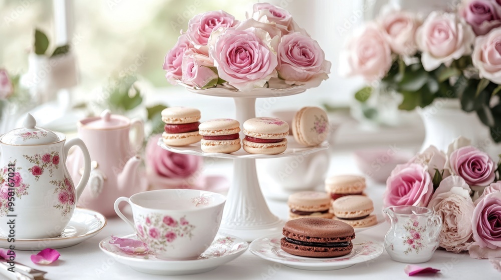 Afternoon tea with British afternoon tea with macaroons and scone,cake ...