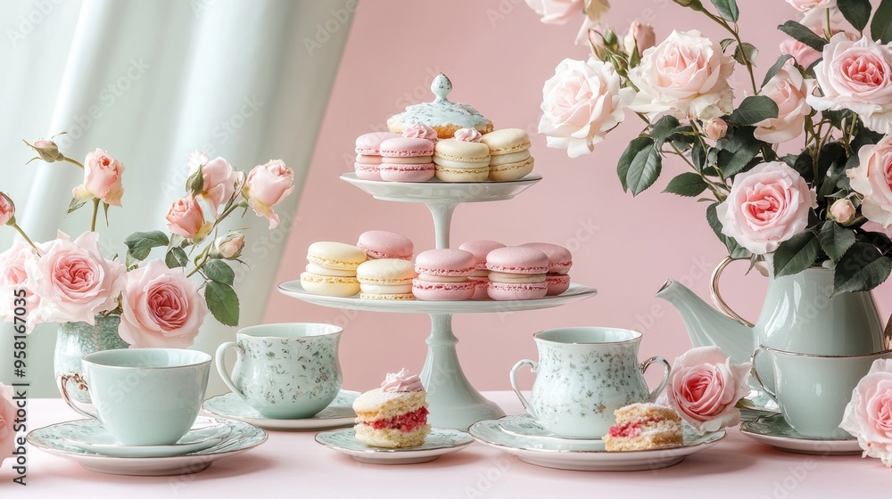 Afternoon tea with British afternoon tea with macaroons and scone,cake ...