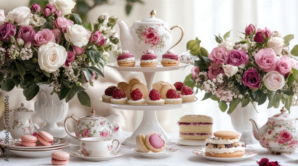 Afternoon tea with British afternoon tea with macaroons and scone,cake ...