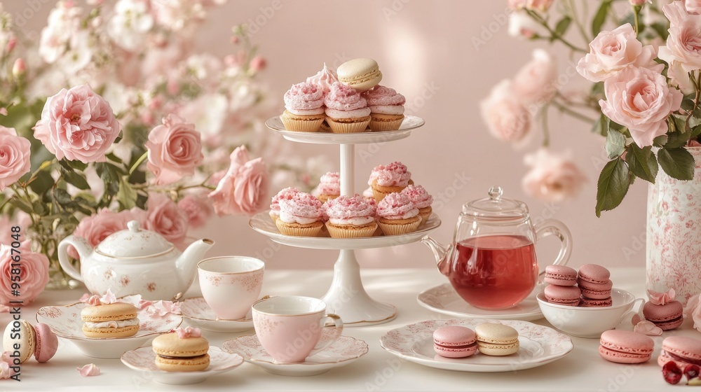 Afternoon tea with British afternoon tea with macaroons and scone,cake ...