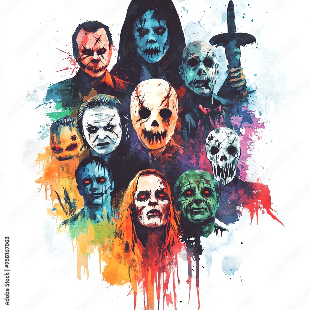 A vibrant and eerie illustration featuring various iconic horror ...
