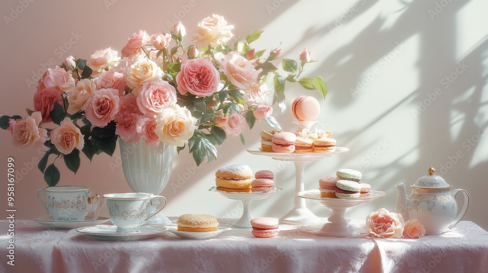 Afternoon tea with British afternoon tea with macaroons and scone,cake ...