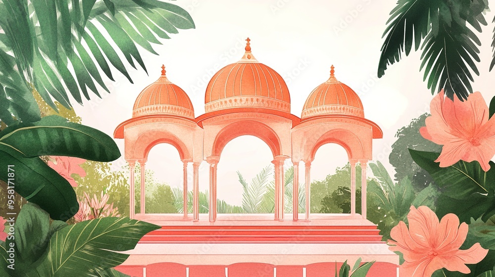 Beautiful Terrace Arch with a Stunning Dome, Illustrated in Watercolor ...