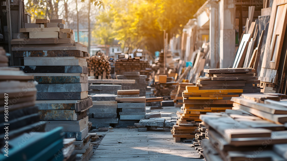 urban mining zero waste, sorted piles of construction materials windows ...